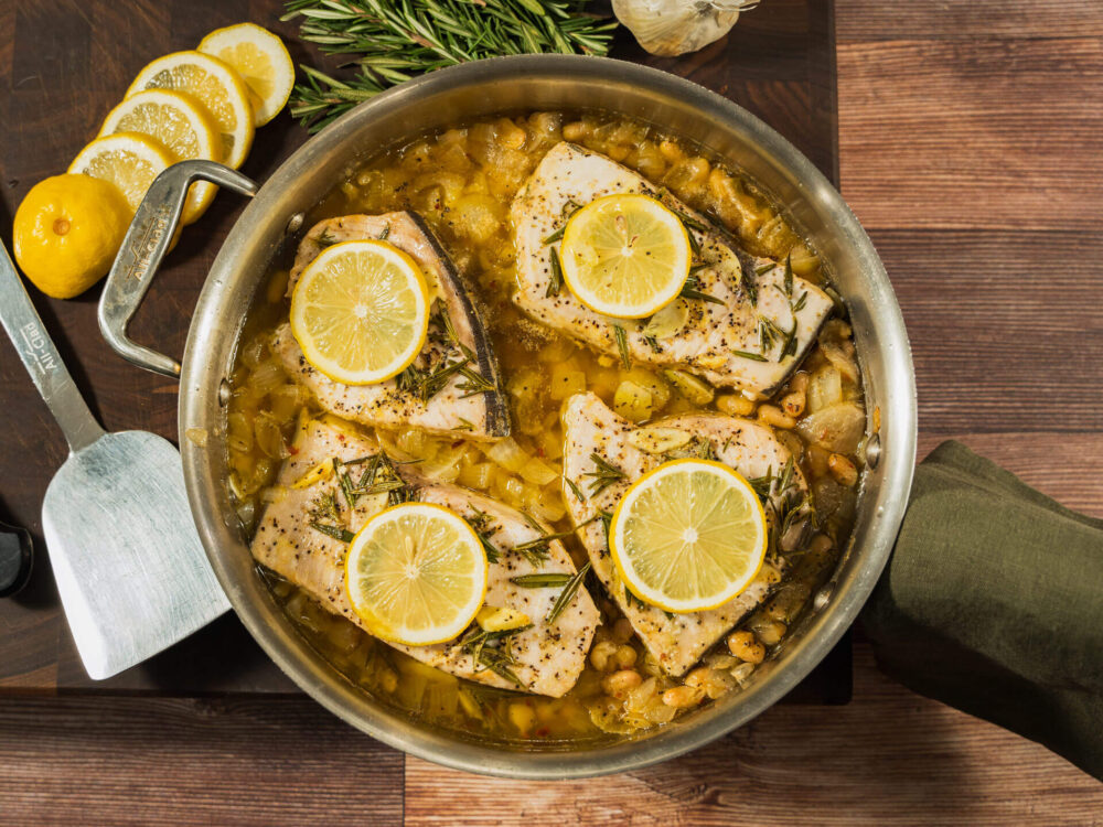 Baked Swordfish with Lemon, Rosemary, and White Beans - Sauced by Sunday